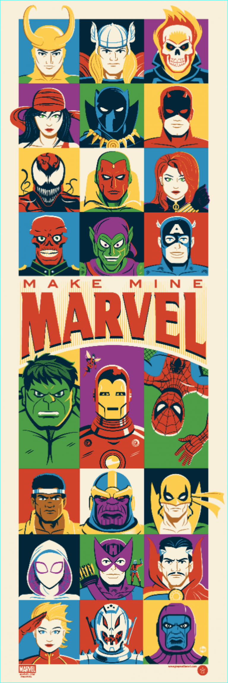 “Make Mine Marvel” by Dave Perillo. 12″ x 36″ Screenprint. Ed of 200 N. $45